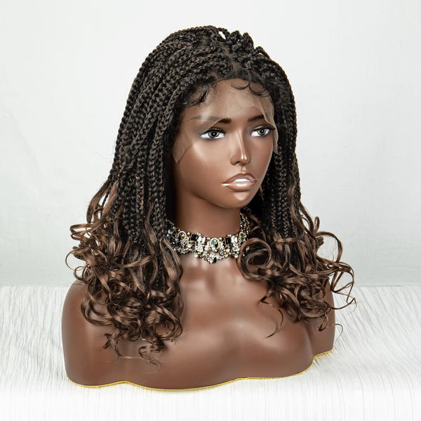 Synthetic Short Box Braided Wigs Wavy Ends 9x6 Frontal Lace Wig With B ...